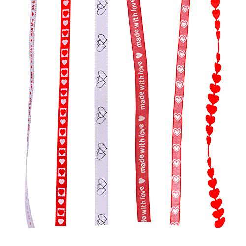 Zhanmai 6 Pieces Valentine's Day Ribbons Printed Heart Wired Ribbons Craft Satin Ribbons for Gift Wrapping DIY Supplies