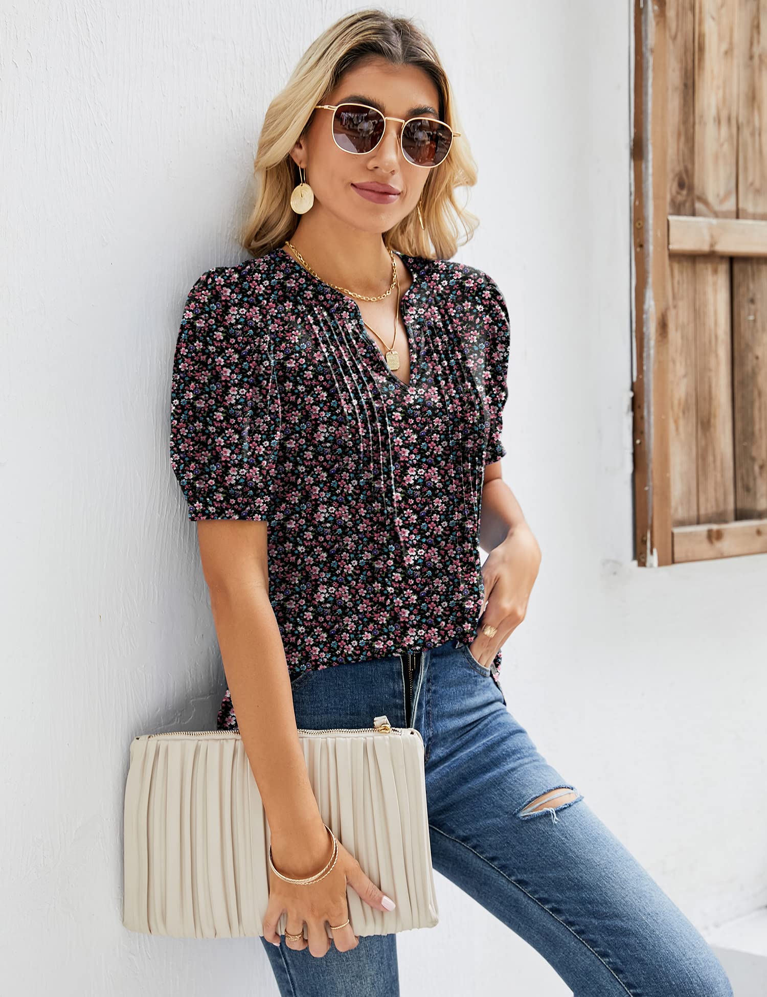 Micoson Womens Summer Pleated Blouses Loose V Neck Puff Short Sleeve Tunic Top for Leggings Floral Black Red L