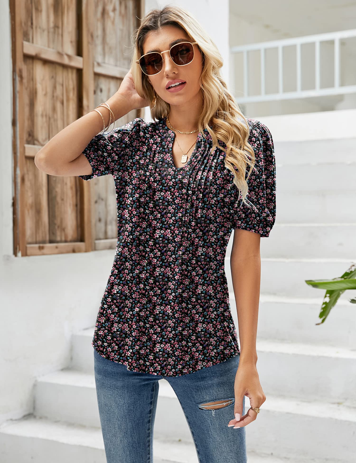 Micoson Womens Summer Pleated Blouses Loose V Neck Puff Short Sleeve Tunic Top for Leggings Floral Black Red L