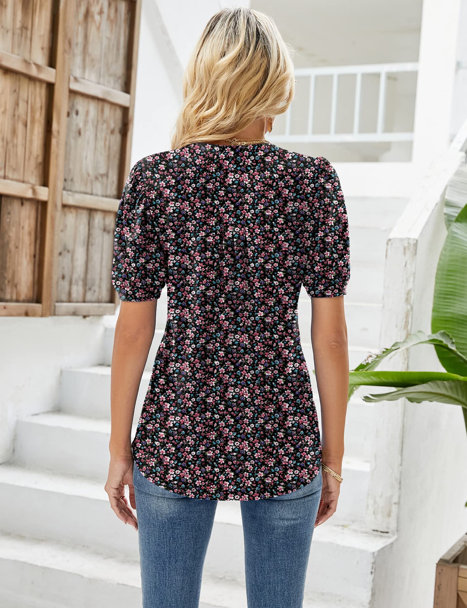 Micoson Womens Summer Pleated Blouses Loose V Neck Puff Short Sleeve Tunic Top for Leggings Floral Black Red L