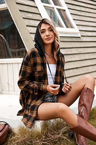 Blooming Jelly Women's Flannel Shirts Plaid Shacket Oversized Button Down Shirt Hooded Business Casual Blouses 2023 Fall Outfits (Yellow Plaid,Small)