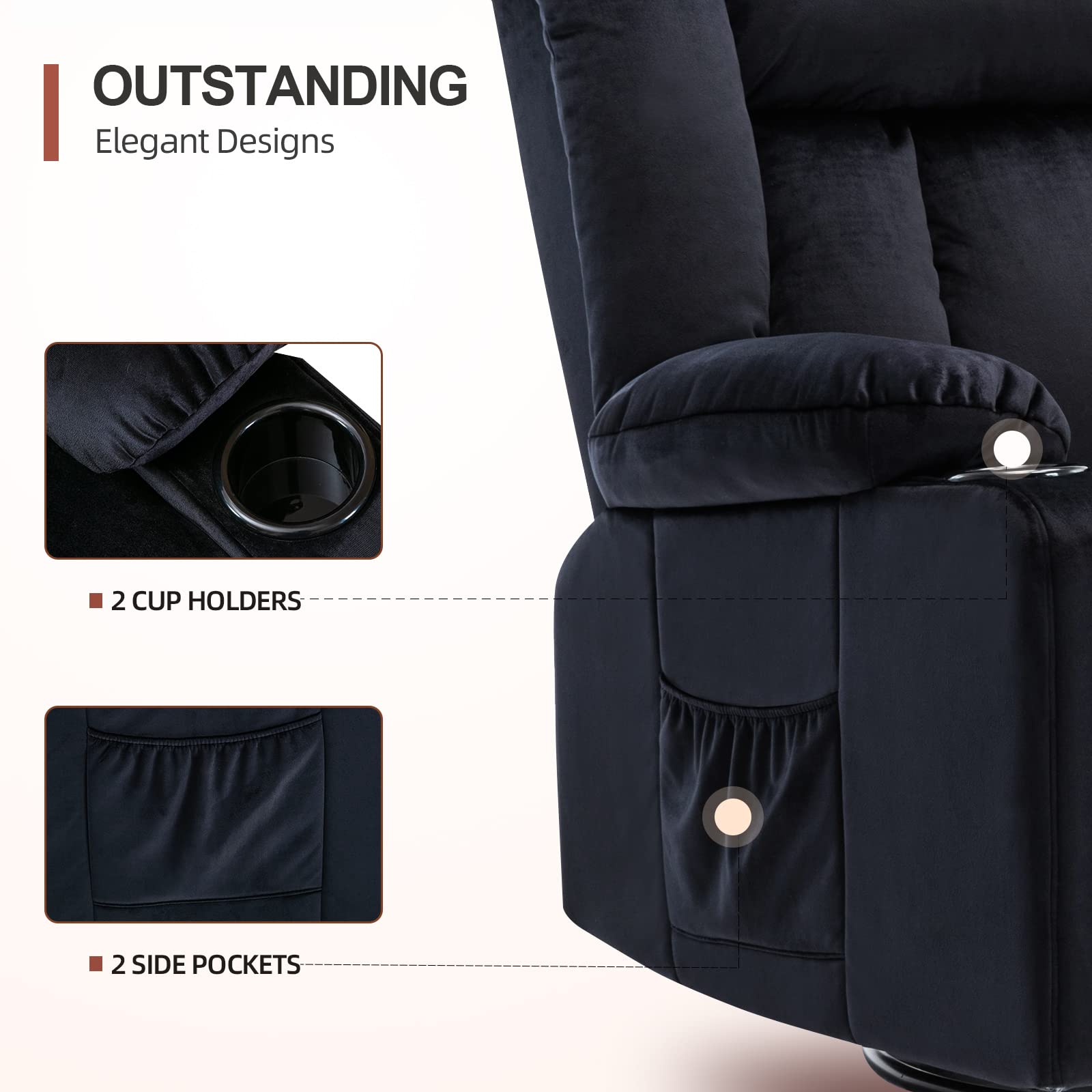 COMHOMA Recliner Chair Massage Rocker with Heated 360 Degree Swivel Lazy Boy Recliner Single Sofa Seat with Cup Holders for Living Room (Black)