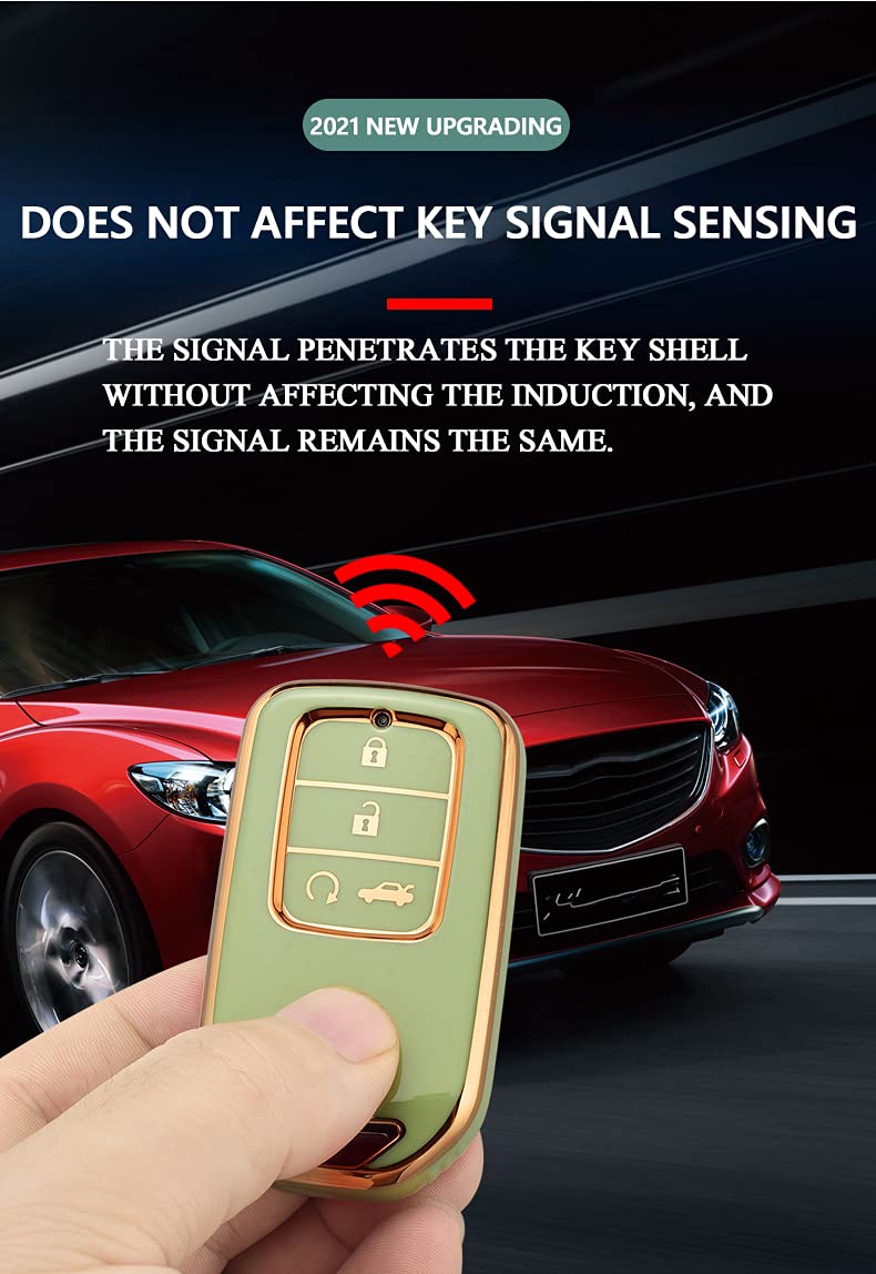 SANRILY Soft TPU Golden-edge 6 Button Key Fob Cover for Honda Odyssey Freed Elysion Keyless Full Protection Key Fob Case with Leather Keychain Beige