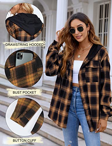 Blooming Jelly Women's Flannel Shirts Plaid Shacket Oversized Button Down Shirt Hooded Business Casual Blouses 2023 Fall Outfits (Yellow Plaid,Small)