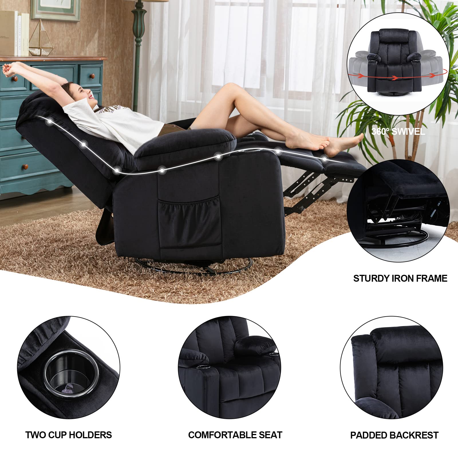 COMHOMA Recliner Chair Massage Rocker with Heated 360 Degree Swivel Lazy Boy Recliner Single Sofa Seat with Cup Holders for Living Room (Black)