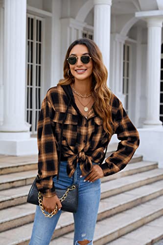 Blooming Jelly Women's Flannel Shirts Plaid Shacket Oversized Button Down Shirt Hooded Business Casual Blouses 2023 Fall Outfits (Yellow Plaid,Small)