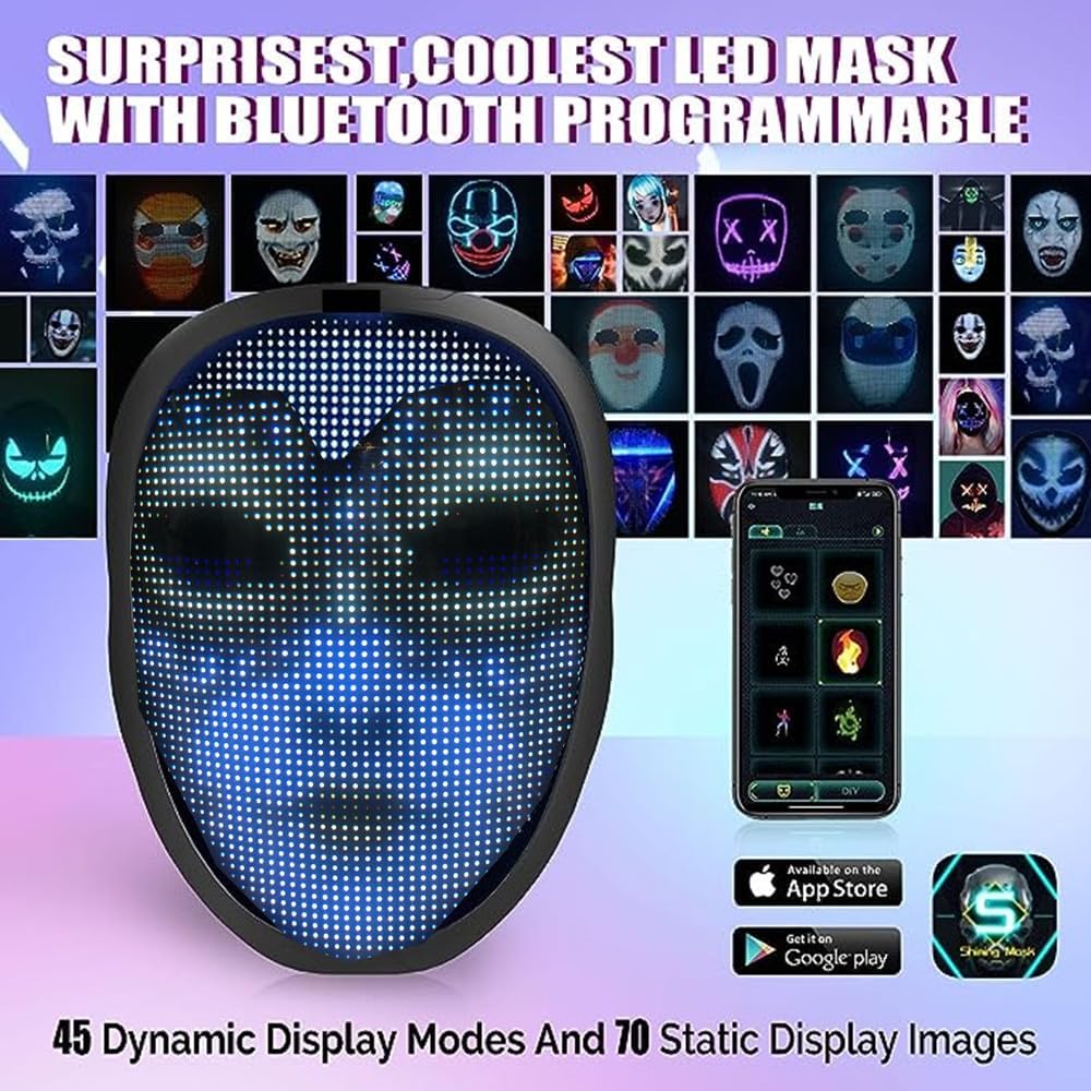 wishplan Led Mask With Face Transforming,Programmable APP Digital Smart LED Light Up Face Mask for BoyWithUke Kid Adults Men's Halloween Party Costume DJ Cosplay Masquerade Gift
