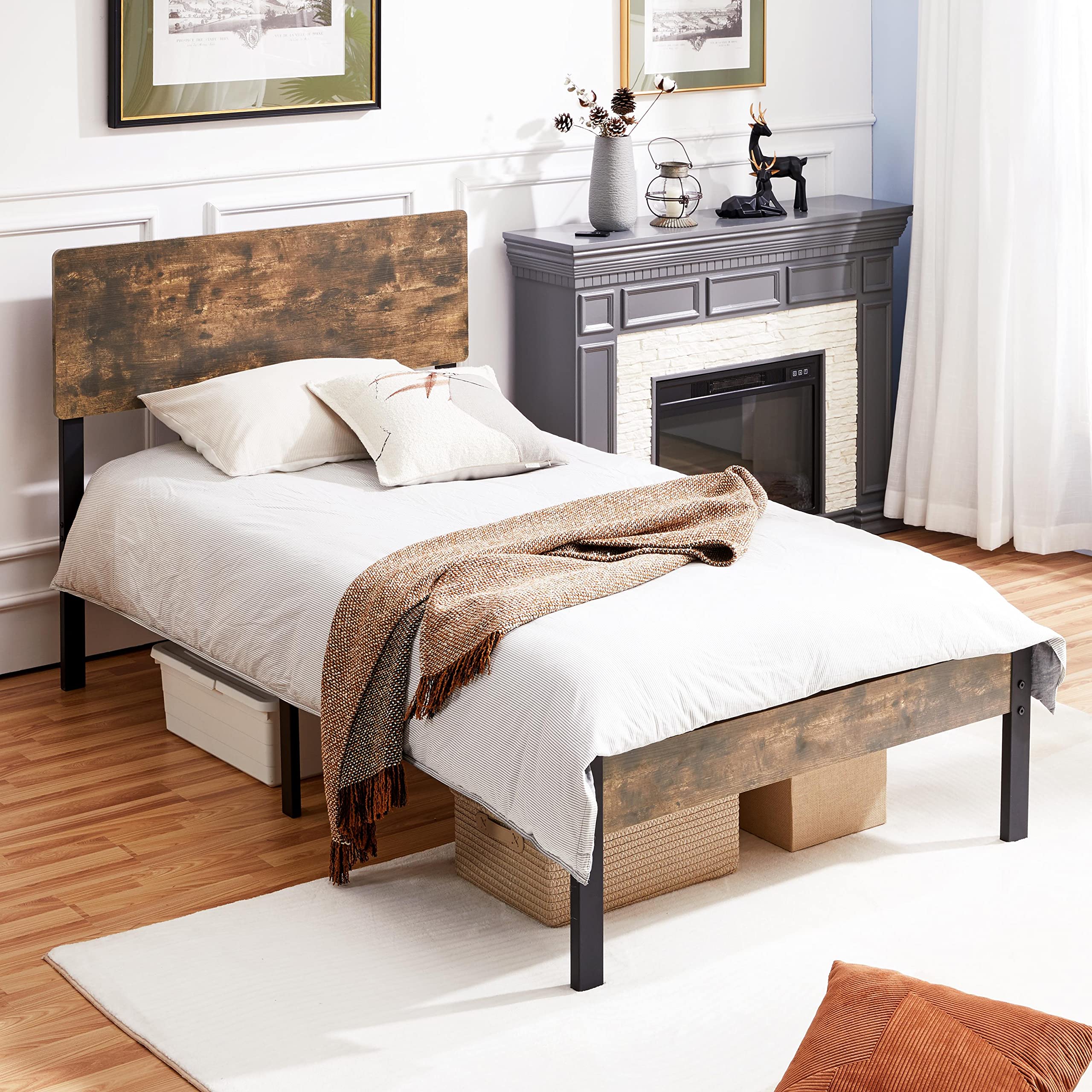 Yaheetech Metal Platform Bed Frame Twin with Wood Headboard and Iron Slats, Rustic Country Bed Base with Mattress Foundation/Strong Slats Support/12 Inch Underbed Storage/No Box Spring Needed, Brown