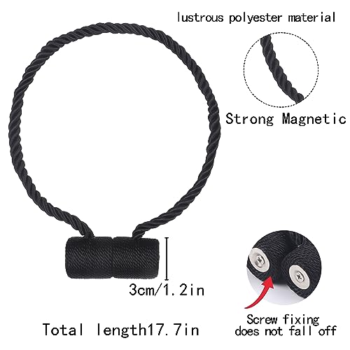 Groleca 4 Pack Magnetic Curtain Tiebacks Curtain Holdbacks Curtain Ties Outdoor Curtain Tiebacks Modern Rope Tiebacks Drapery Holdbacks Tie Backs for Curtains (Black, 4)