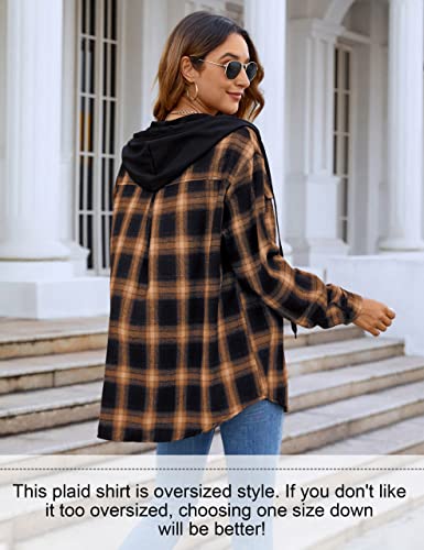 Blooming Jelly Women's Flannel Shirts Plaid Shacket Oversized Button Down Shirt Hooded Business Casual Blouses 2023 Fall Outfits (Yellow Plaid,Small)