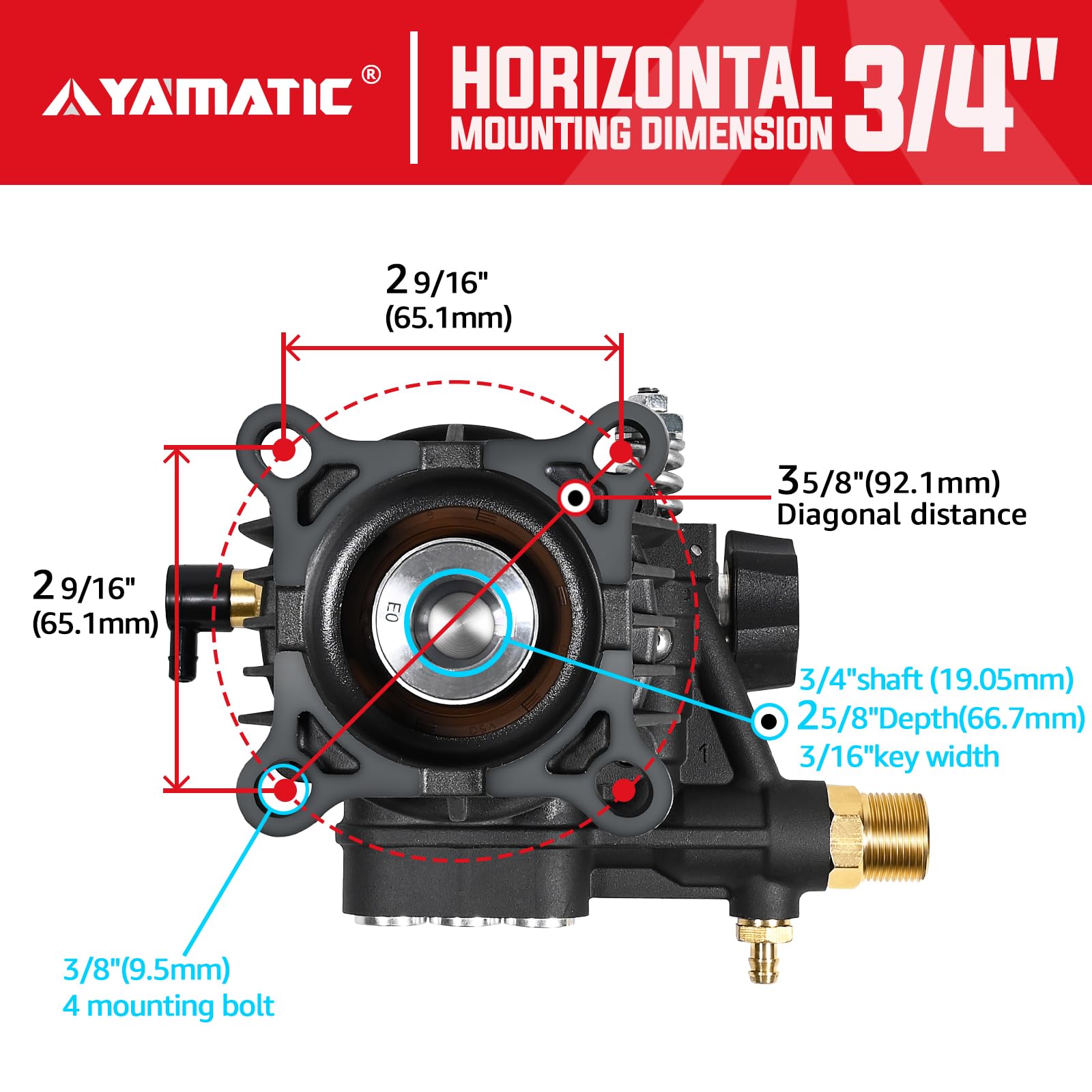 YAMATIC 3/4" Shaft Horizontal Pressure Washer Pump Max 3400 PSI @ 2.6 GPM Replacement Pump Compatible with Simpson 90029, 520002,520004,Dewalt dxpw3425 Honda GC190 and More