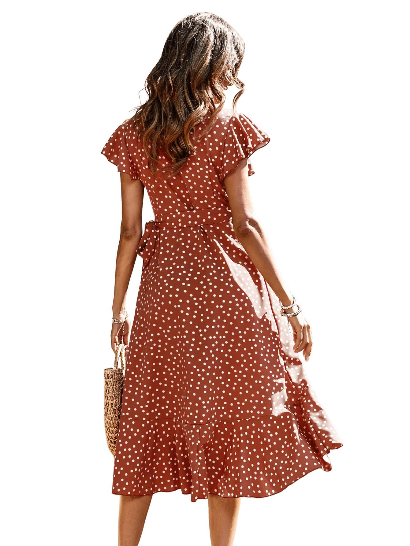 SweatyRocks Women's Polka Dots Short Sleeve V Neck Wrap Dress Tie Side Ruffle Midi Dresses Burnt Orange M