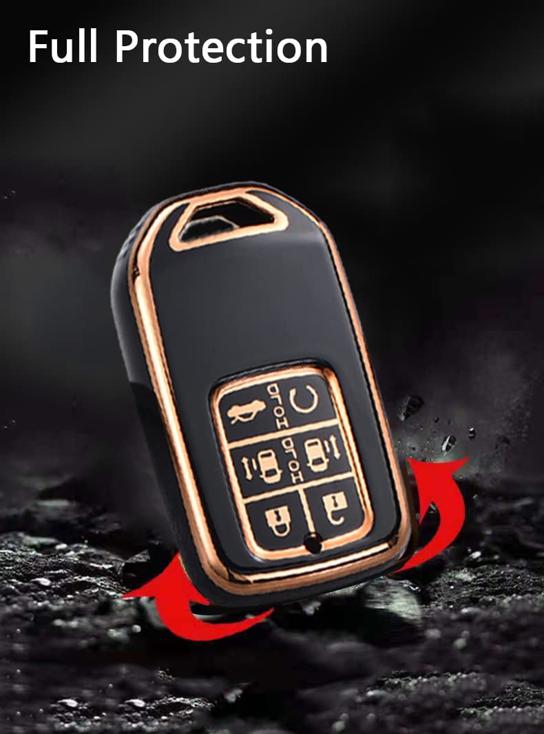 SANRILY Soft TPU Golden-edge 6 Button Key Fob Cover for Honda Odyssey Freed Elysion Keyless Full Protection Key Fob Case with Leather Keychain Beige
