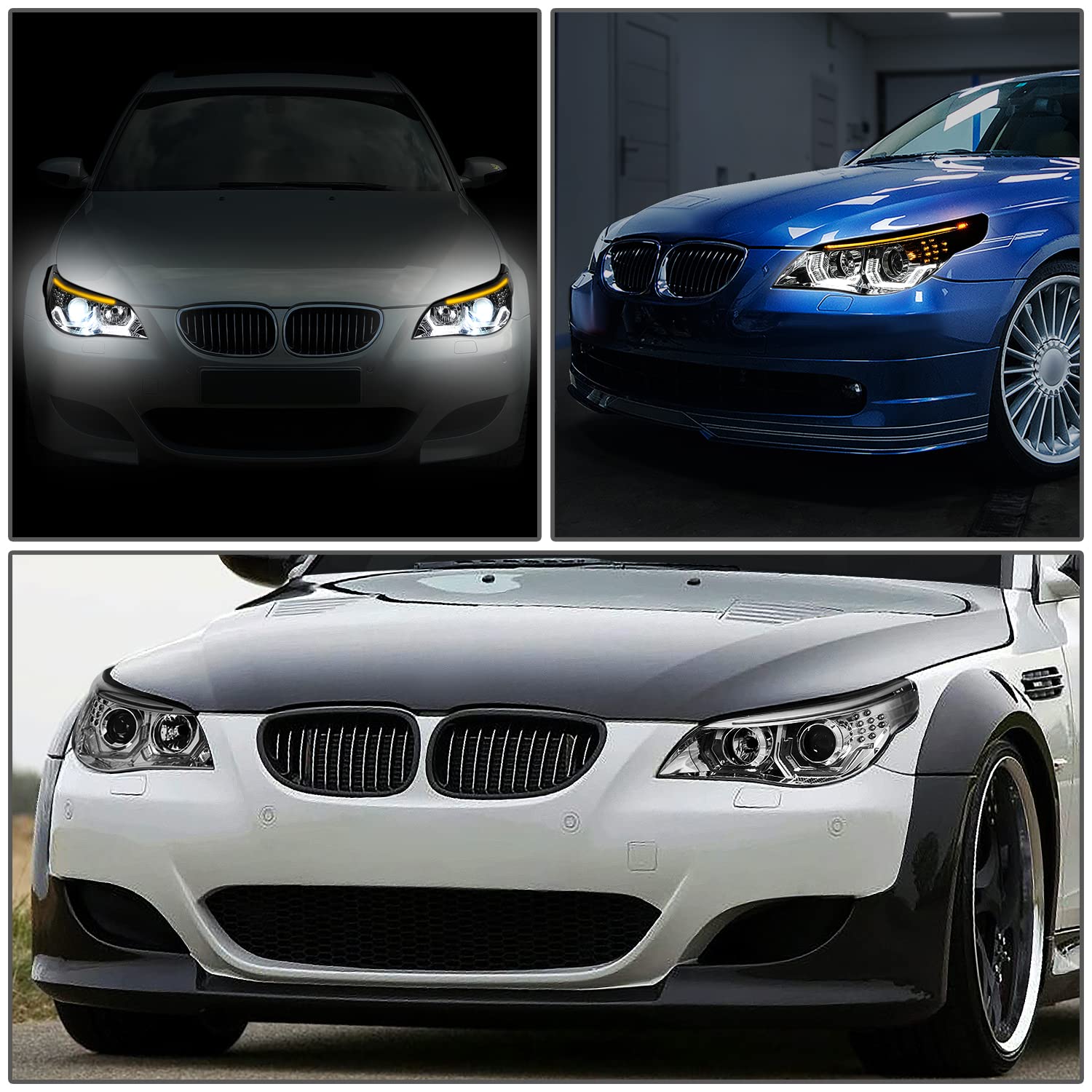 DNA MOTORING HL-3D-AFS-E6008-CH Pair of LED U-Halo Projector Headlights Compatible with BMW 528i 535i 550i M5 08-10 Not Fit Hatchback Model, Chrome Housing Clear Lens