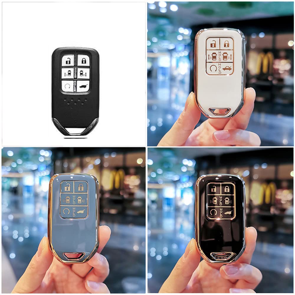 SANRILY Soft TPU Golden-edge 6 Button Key Fob Cover for Honda Odyssey Freed Elysion Keyless Full Protection Key Fob Case with Leather Keychain Beige
