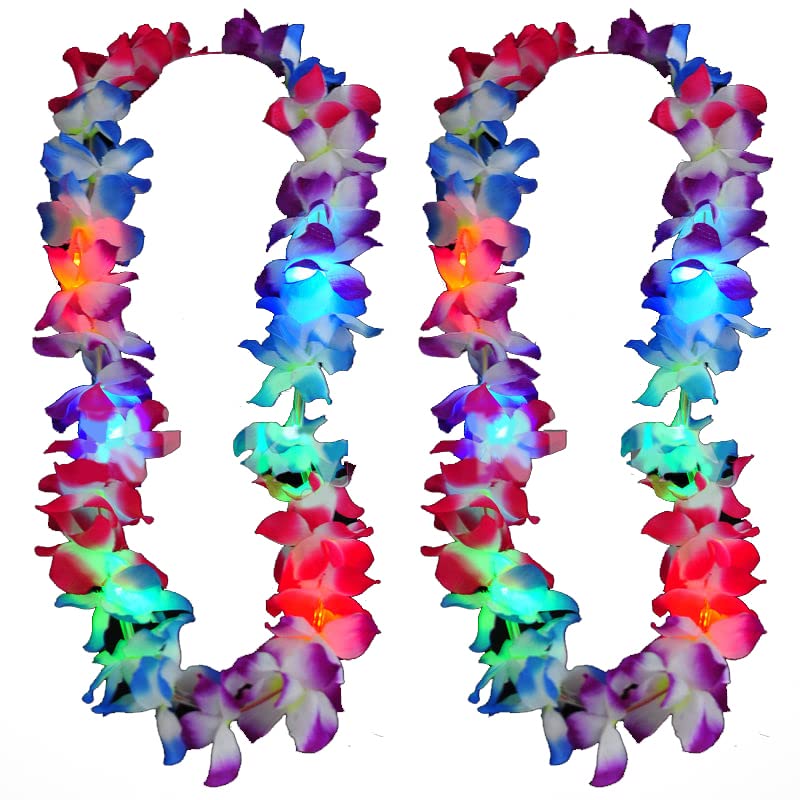 Winston Trading 2 Leis Hawaiian LED Luau Party Decorations Light Up Necklaces Flashing Pool Tropical Flower Vacation