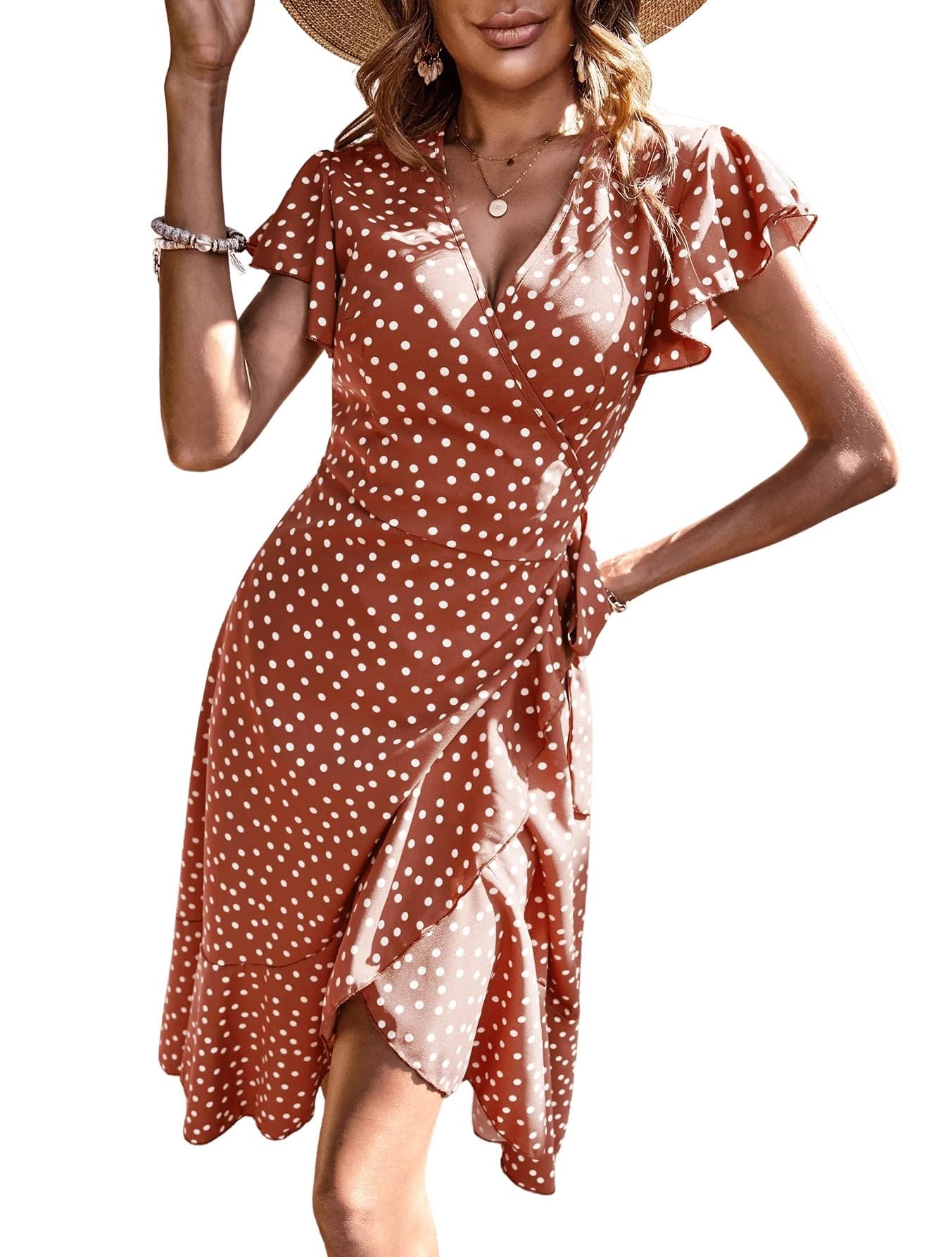 SweatyRocks Women's Polka Dots Short Sleeve V Neck Wrap Dress Tie Side Ruffle Midi Dresses Burnt Orange M