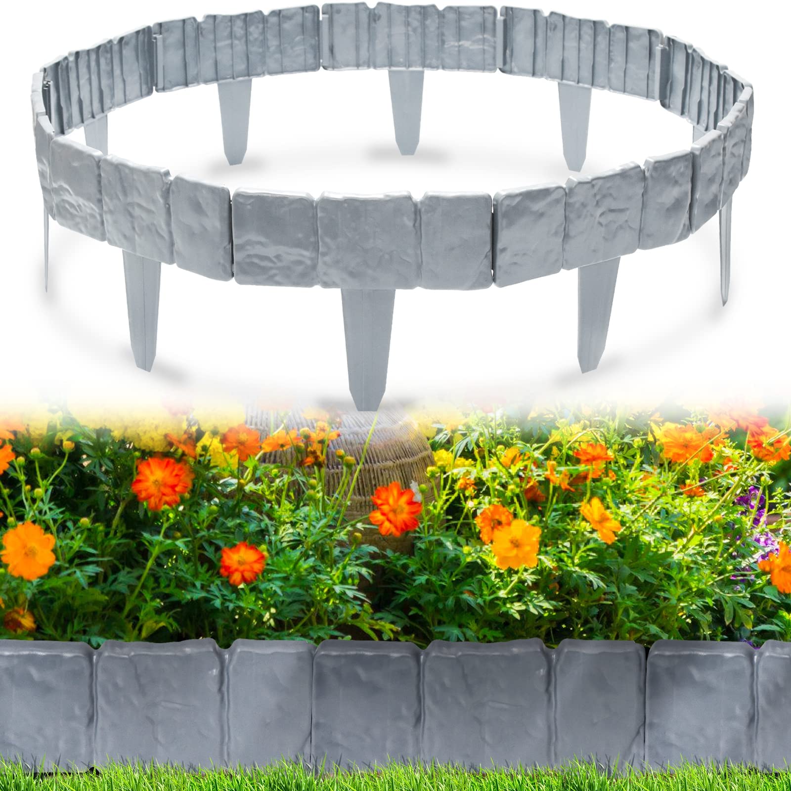 Fuairmee Garden Edging Border, 16Ft Landscaping Edging, 20Pcs Plastic Lawn Edging Border, Imitation Stone Effect, No Dig | Interlocking | for Flower Beds, Landscape | Gray