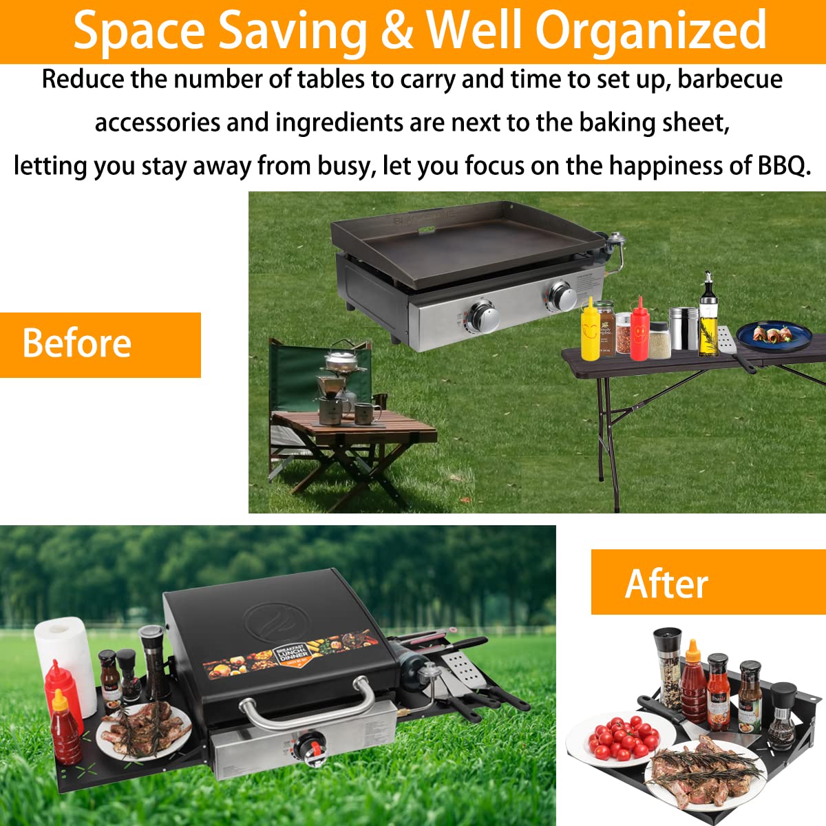 AdokeiTa Griddle Caddy for Blackstone 17'/22'/28' Griddle, BBQ Accessories Organizer, Easy Access to Spice Bottles, Black, Stainless Steel, Rectangular