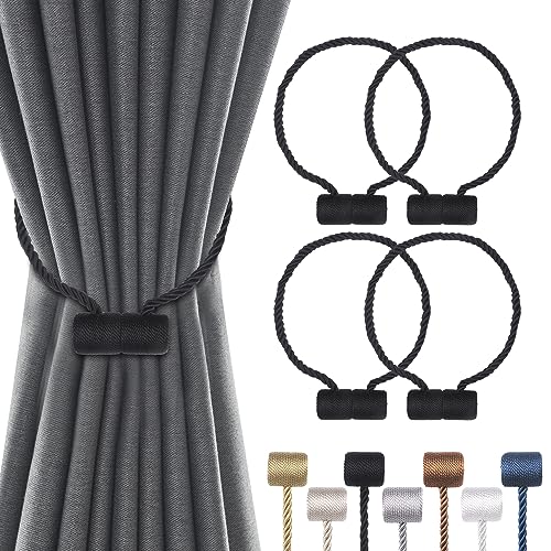 Groleca 4 Pack Magnetic Curtain Tiebacks Curtain Holdbacks Curtain Ties Outdoor Curtain Tiebacks Modern Rope Tiebacks Drapery Holdbacks Tie Backs for Curtains (Black, 4)