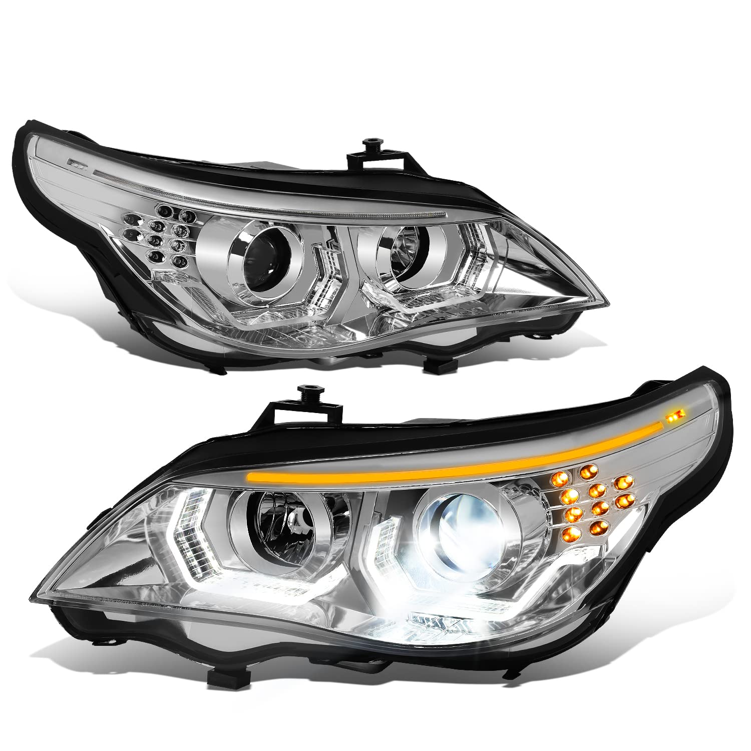 DNA MOTORING HL-3D-AFS-E6008-CH Pair of LED U-Halo Projector Headlights Compatible with BMW 528i 535i 550i M5 08-10 Not Fit Hatchback Model, Chrome Housing Clear Lens