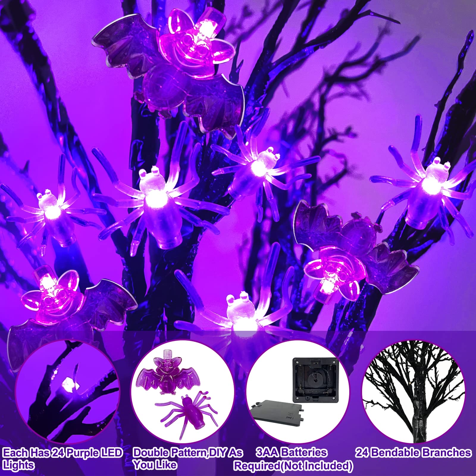 [ 2 Pack & Timer ] 24 Inch Prelit Halloween Black Tree Halloween Decorations Artificial Spooky Tree Battery Powered Total 48 LED Purple Lights DIY 25 Spider & 25 Bat Tabletop Indoor Home Party Decor