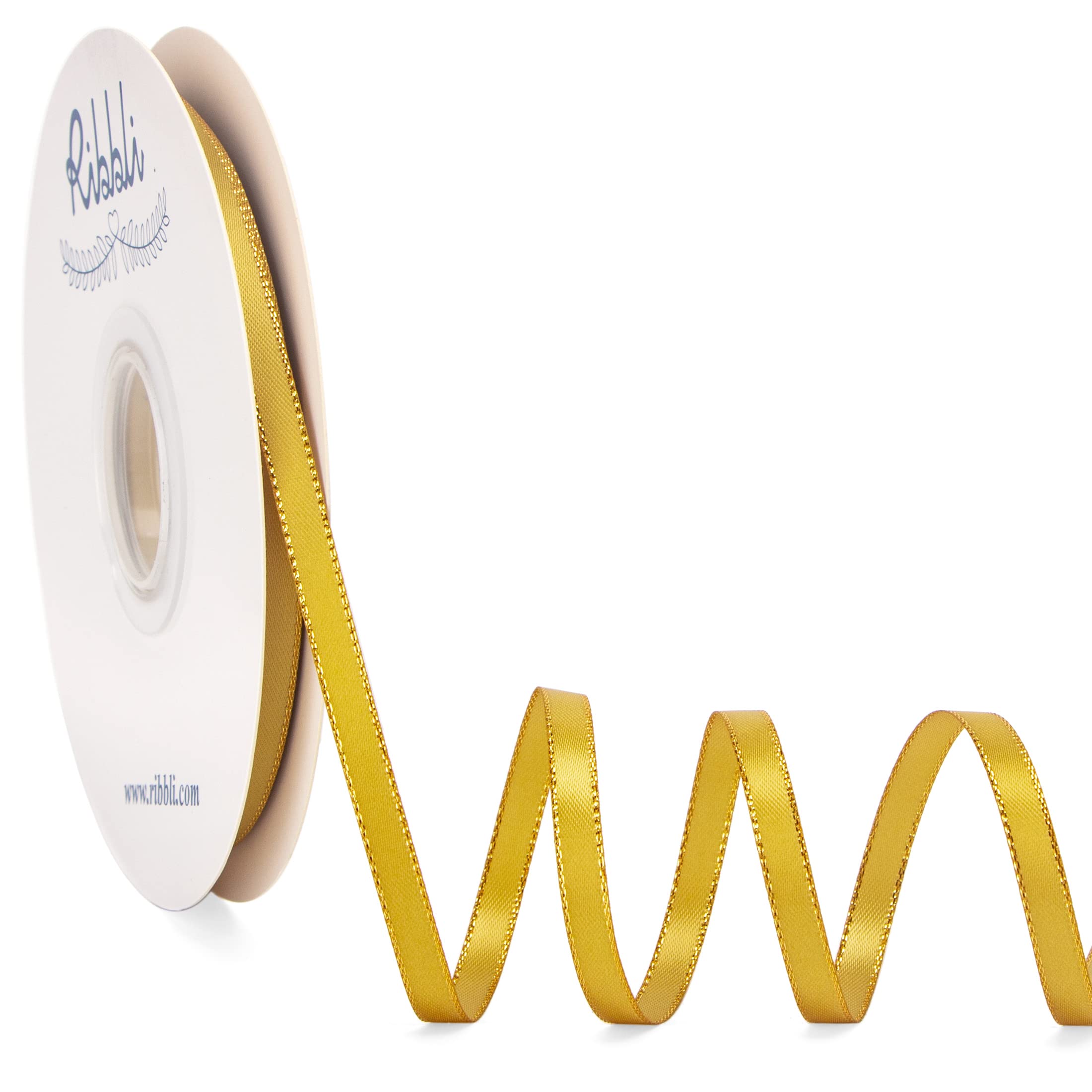 Ribbli Gold Satin Ribbon with Gold Edge,Double Faced Satin 1/4 Inch x Continuous 50 Yards,Gold Ribbon Use for Crafts, Gift Wrapping, Wedding Card Decoration