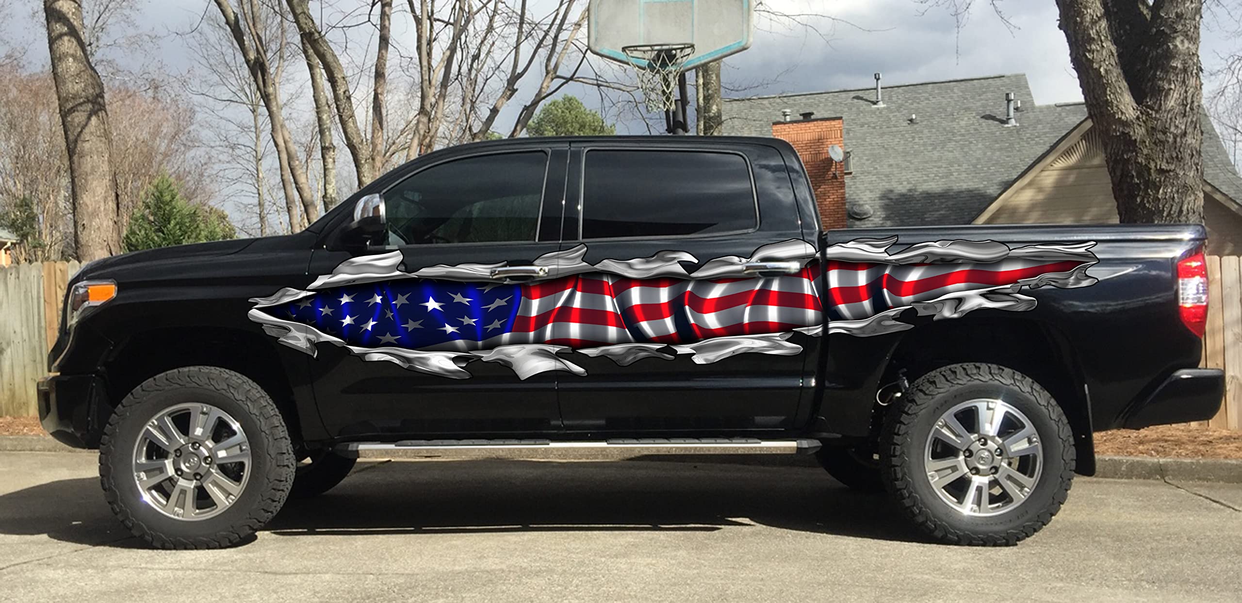 US Flag Car Vinyl Decal, US Pride Car Graphics, American Flag Car Wrap, USA Flag Ripped Metal Full Color Car Design, Patriotic Car Sticker (25x135)