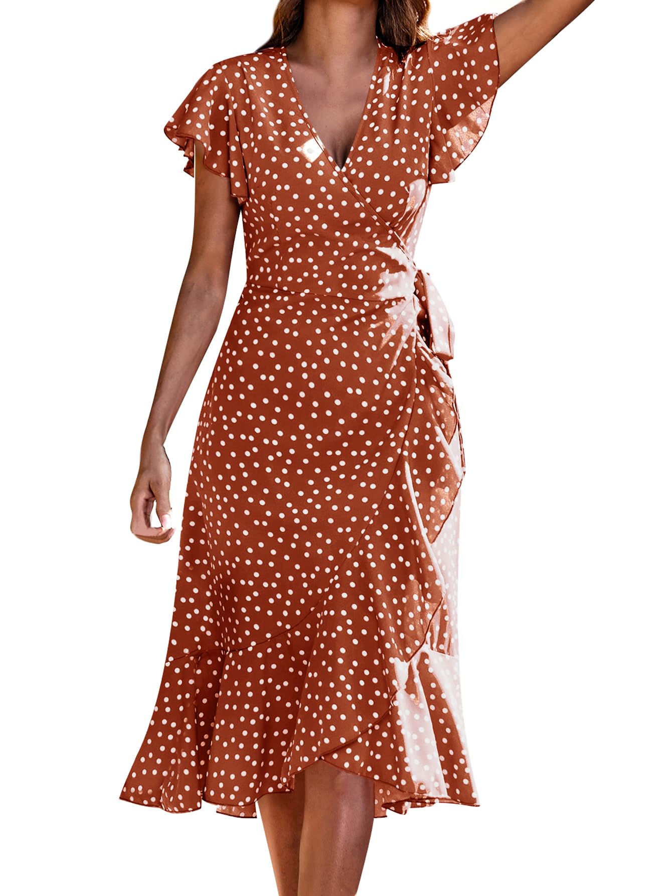 SweatyRocks Women's Polka Dots Short Sleeve V Neck Wrap Dress Tie Side Ruffle Midi Dresses Burnt Orange M