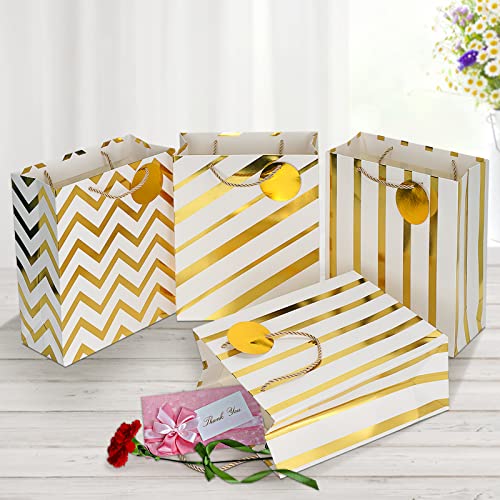 Swedin 12 Pcs Gold Gift Bags Bulk, Medium Size Gift Bags with Handles, Trendy Gift Wrap Totes with Chevron, Stripe Pattern for Birthdays, Party Favors, Holidays, Christmas-10" x 8.3" x 4"