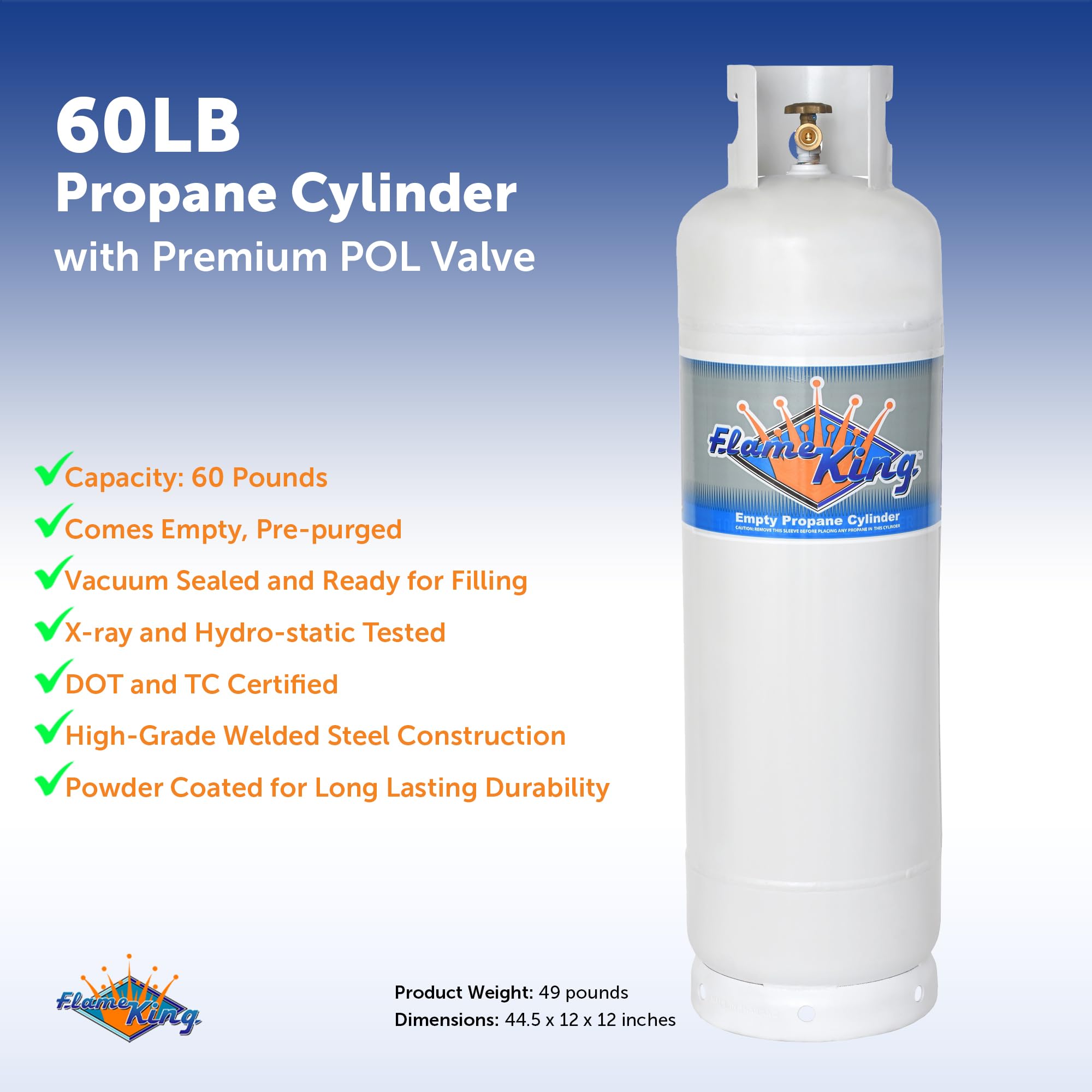 Flame King YSN60LB 60LB POL Steel Propane Tank Refillable Cylinder for RV, Lunch Truck, White