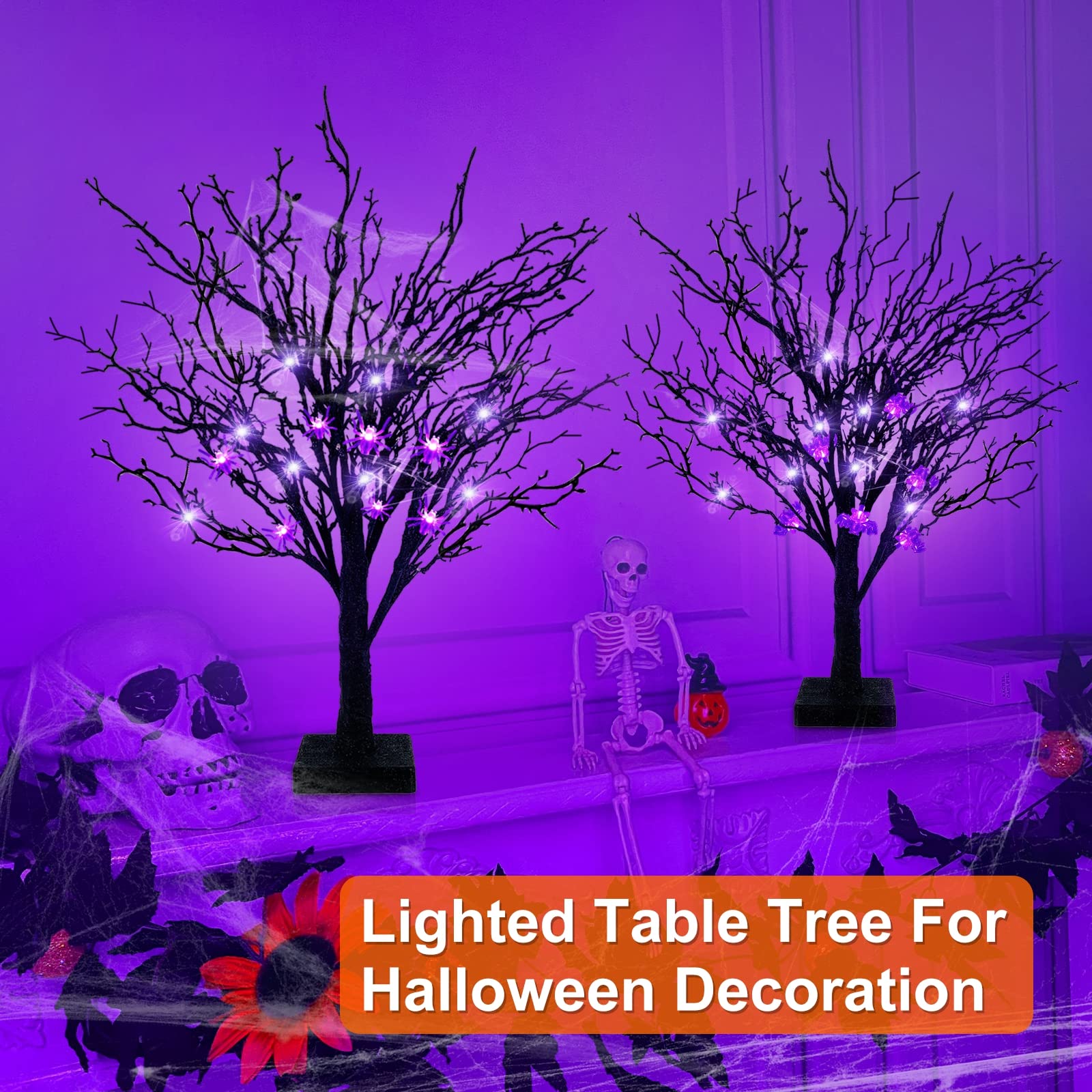 [ 2 Pack & Timer ] 24 Inch Prelit Halloween Black Tree Halloween Decorations Artificial Spooky Tree Battery Powered Total 48 LED Purple Lights DIY 25 Spider & 25 Bat Tabletop Indoor Home Party Decor