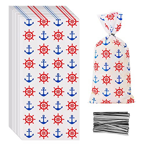 Lecpeting 100 Pcs Nautical Treat Bags Anchors Wheel Print Cellophane Candy Bags Plastic Goodie Storage Bags Nautical Party Favor Bags with Twist Ties for Nautical Theme Birthday Party Supplies