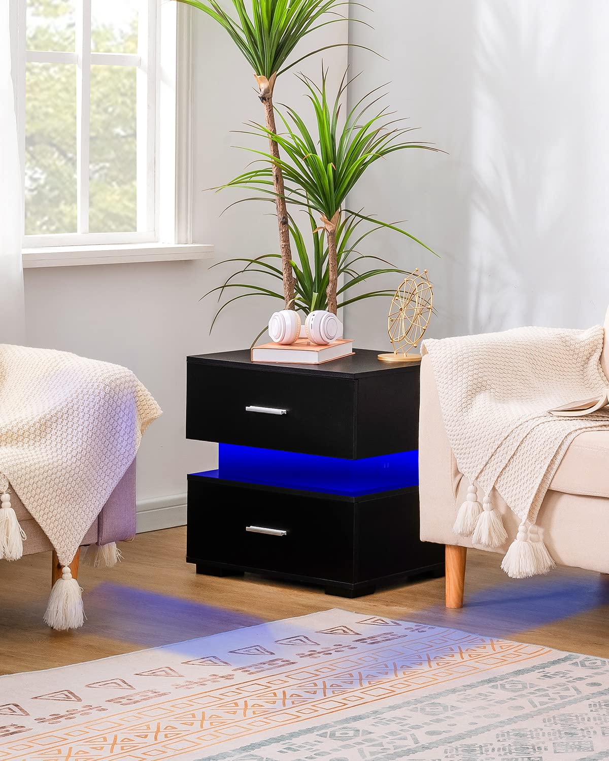 WEENFON Night Stands, LED nightstand with Charging Station, Bedside Table with 2 Wider and Deeper Drawers, Nightstand, Modern Design, End Side Table, Black