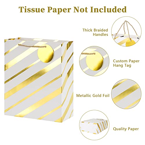 Swedin 12 Pcs Gold Gift Bags Bulk, Medium Size Gift Bags with Handles, Trendy Gift Wrap Totes with Chevron, Stripe Pattern for Birthdays, Party Favors, Holidays, Christmas-10" x 8.3" x 4"