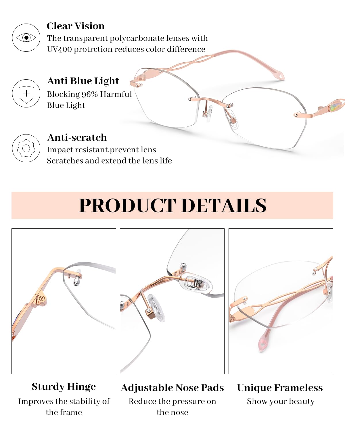 LUFF Rimless Reading Glasses for Women Blue Light Blocking Lightweight Metal Classic Computer Readers Anti Eyestrain