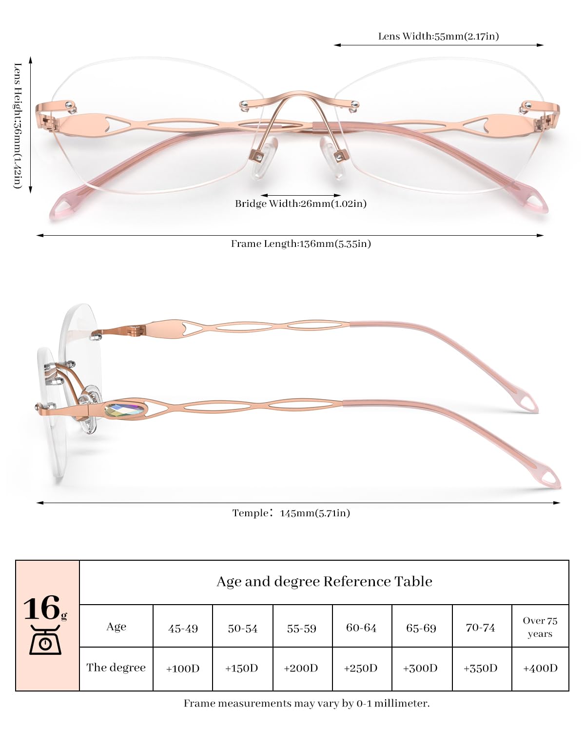 LUFF Rimless Reading Glasses for Women Blue Light Blocking Lightweight Metal Classic Computer Readers Anti Eyestrain