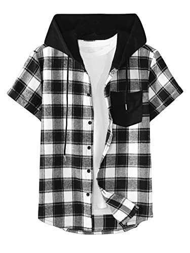Verdusa Men's Button Up Shirts Short Sleeve Drawstring Hoodie Top Black Medium
