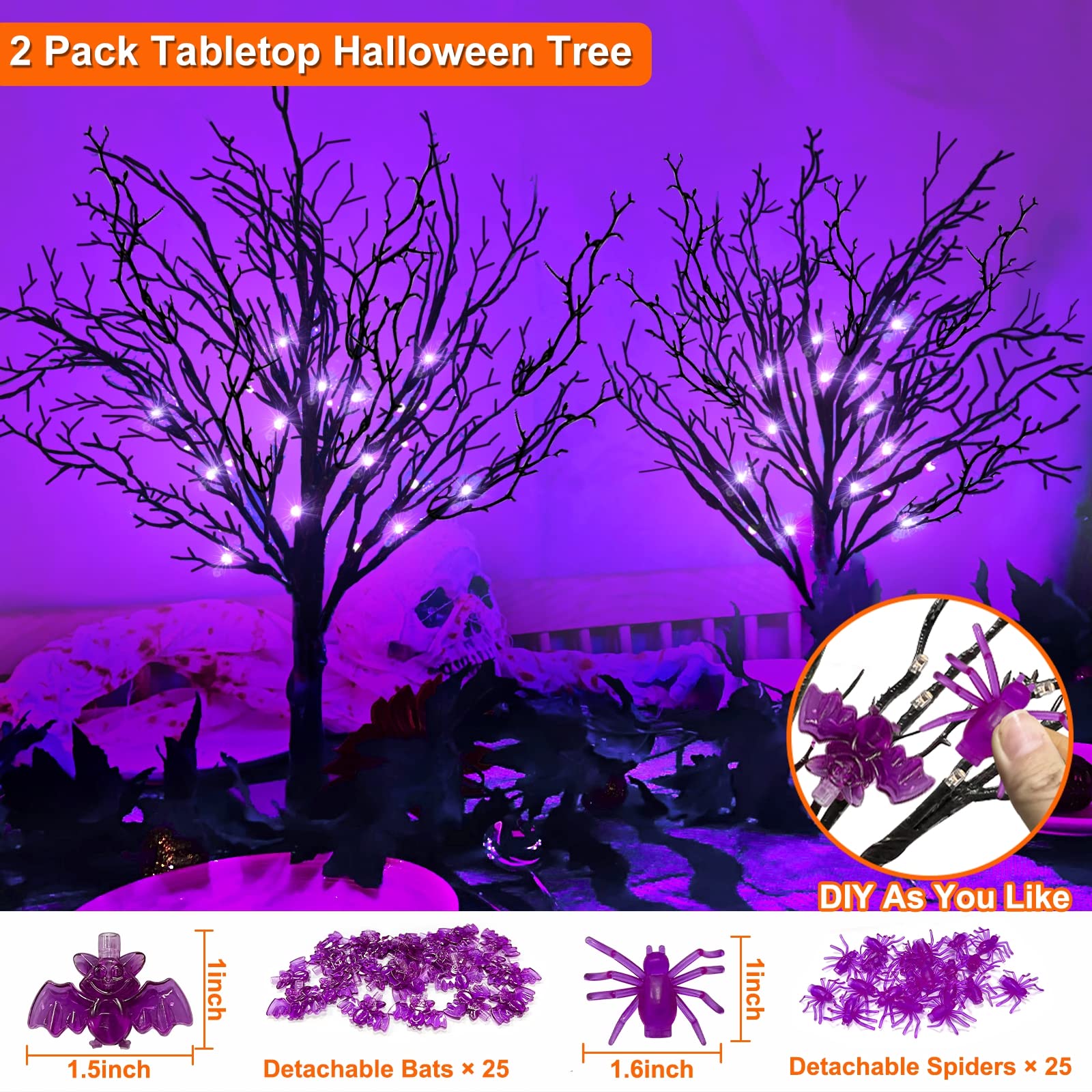 [ 2 Pack & Timer ] 24 Inch Prelit Halloween Black Tree Halloween Decorations Artificial Spooky Tree Battery Powered Total 48 LED Purple Lights DIY 25 Spider & 25 Bat Tabletop Indoor Home Party Decor
