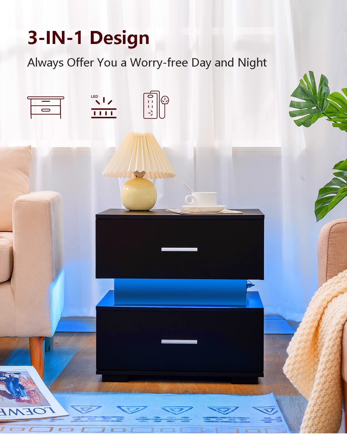 WEENFON Night Stands, LED nightstand with Charging Station, Bedside Table with 2 Wider and Deeper Drawers, Nightstand, Modern Design, End Side Table, Black