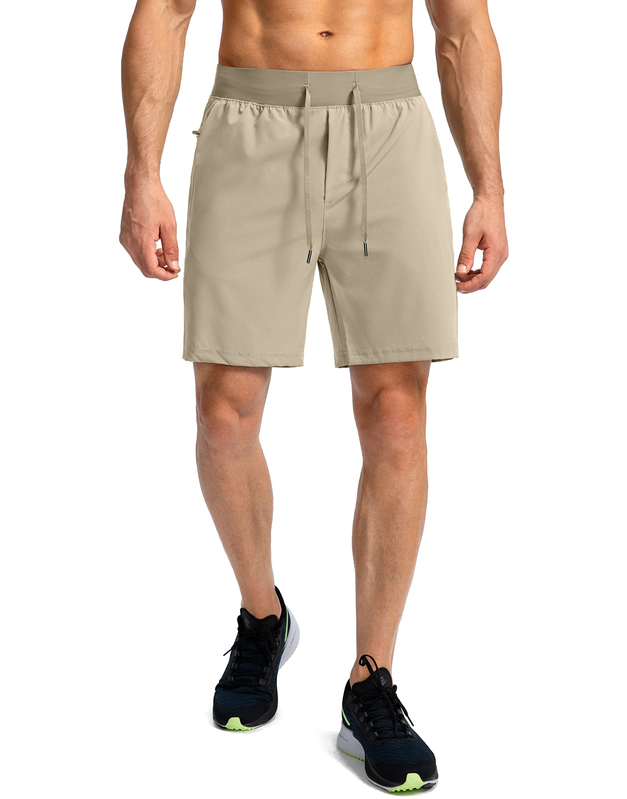 Men's Running Shorts with Zipper Pockets 7 Inch Lightweight Quick Dry Gym Athletic Workout Shorts for Men (Khaki, L)