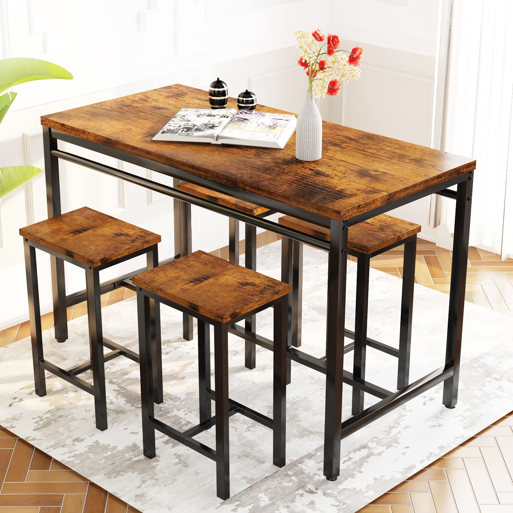 AWQM 5 Piece Bar Table Set, Modern Counter Height Dining Table and Chairs Set for 4, Wood Kitchen Table and 4 Bar Stools for Small Spaces, Apartment, Pub, Dining Room (Rustic Brown)