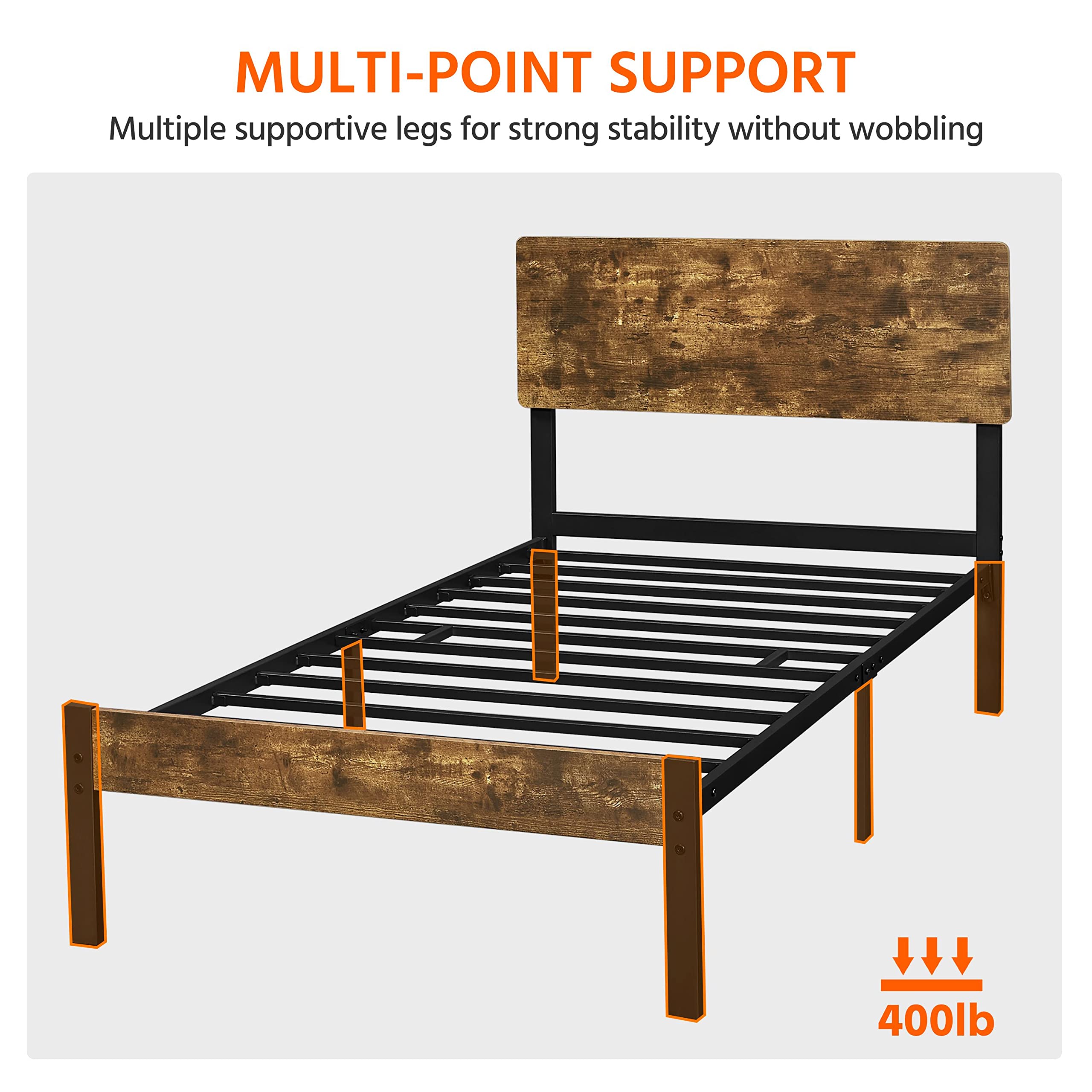 Yaheetech Metal Platform Bed Frame Twin with Wood Headboard and Iron Slats, Rustic Country Bed Base with Mattress Foundation/Strong Slats Support/12 Inch Underbed Storage/No Box Spring Needed, Brown