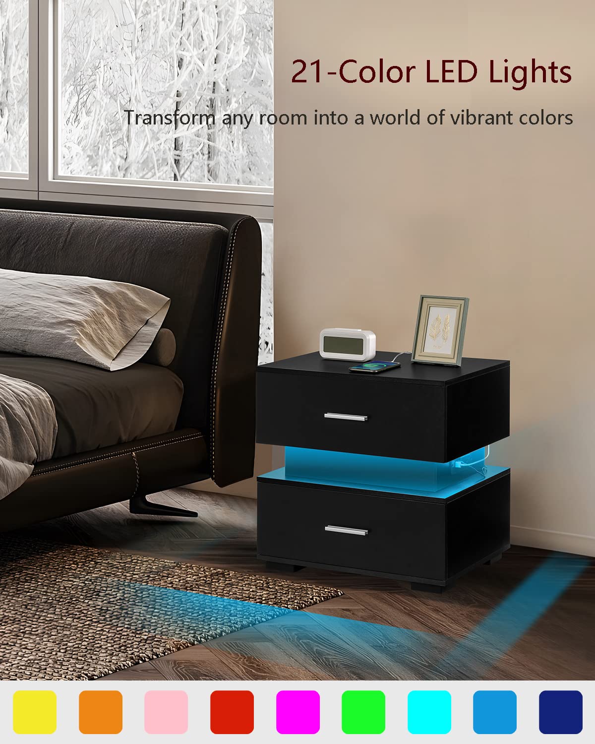 WEENFON Night Stands, LED nightstand with Charging Station, Bedside Table with 2 Wider and Deeper Drawers, Nightstand, Modern Design, End Side Table, Black