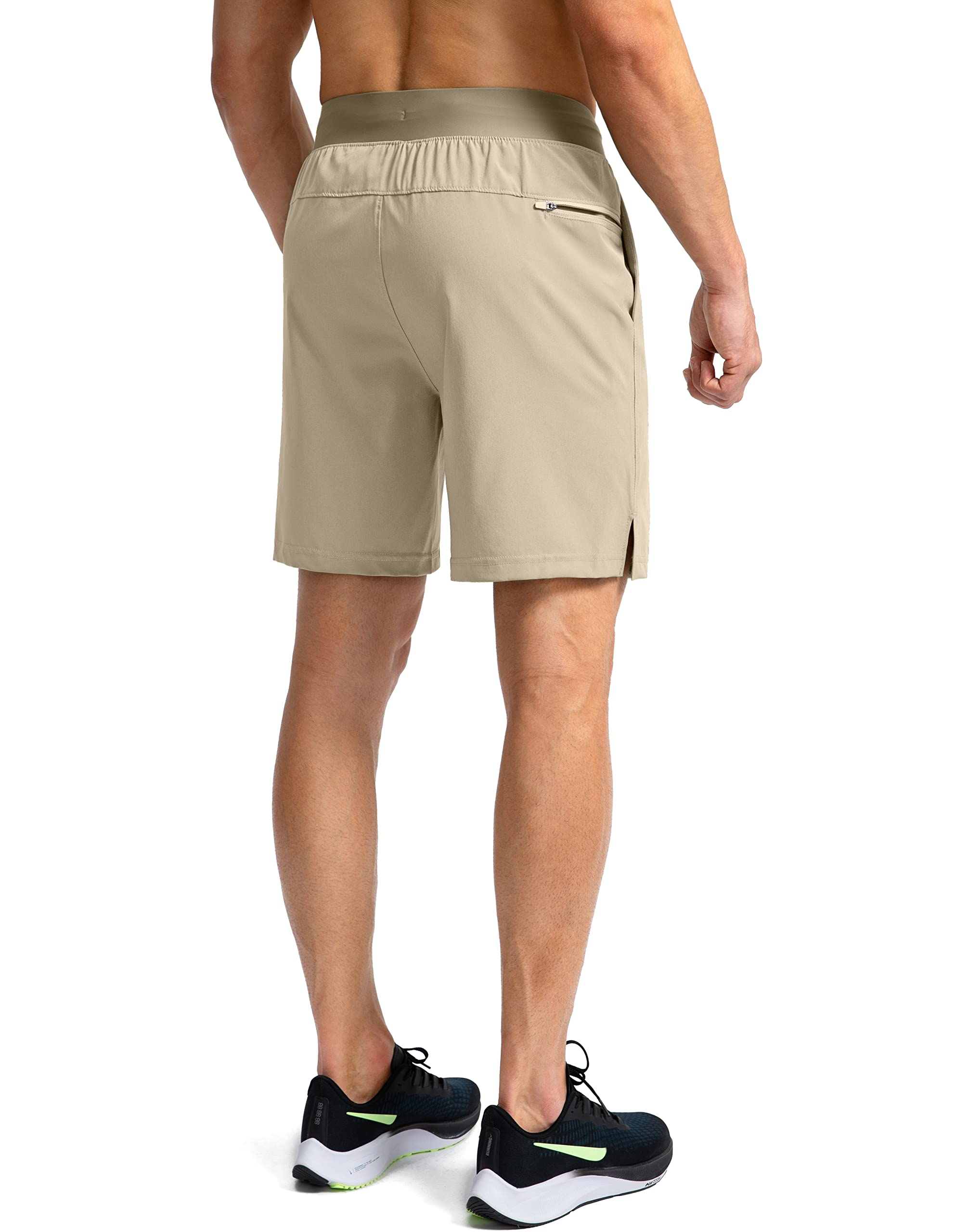 Men's Running Shorts with Zipper Pockets 7 Inch Lightweight Quick Dry Gym Athletic Workout Shorts for Men (Khaki, L)