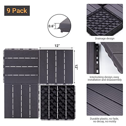 LYMJARD Outdoor Flooring, 9 Pack 12"x12" Plastic Patio Pavers, All Weather Interlocking Patio Tiles, Decking for Balcony Playhouse Porch Brownish Grey