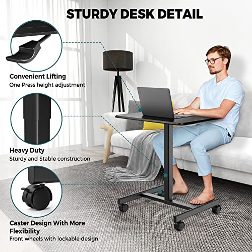 SMUG Mobile Rolling Laptop Cart Pneumatic Adjustable Height from 28" to 33" Sit Stand Computer Desk with Lockable Wheels for Home Office, Black, 25.7in
