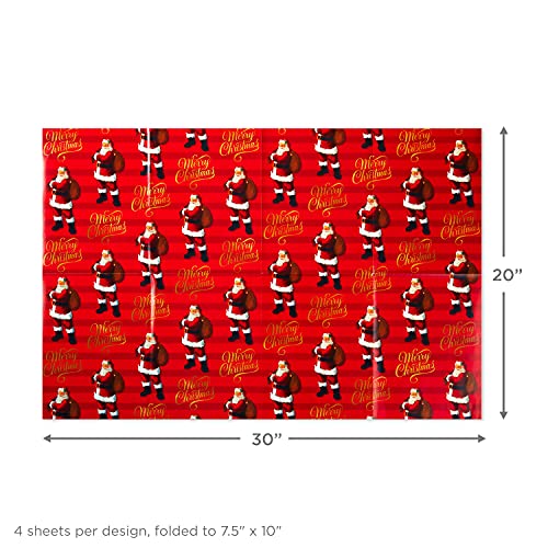 Hallmark Flat Christmas Wrapping Paper Sheets with Cutlines on Reverse and Gift Tag Seals (12 Folded Sheets, 16 Gift Tag Stickers) Red, White and Gold Stripes, Santa Claus, Snowflakes on Plaid