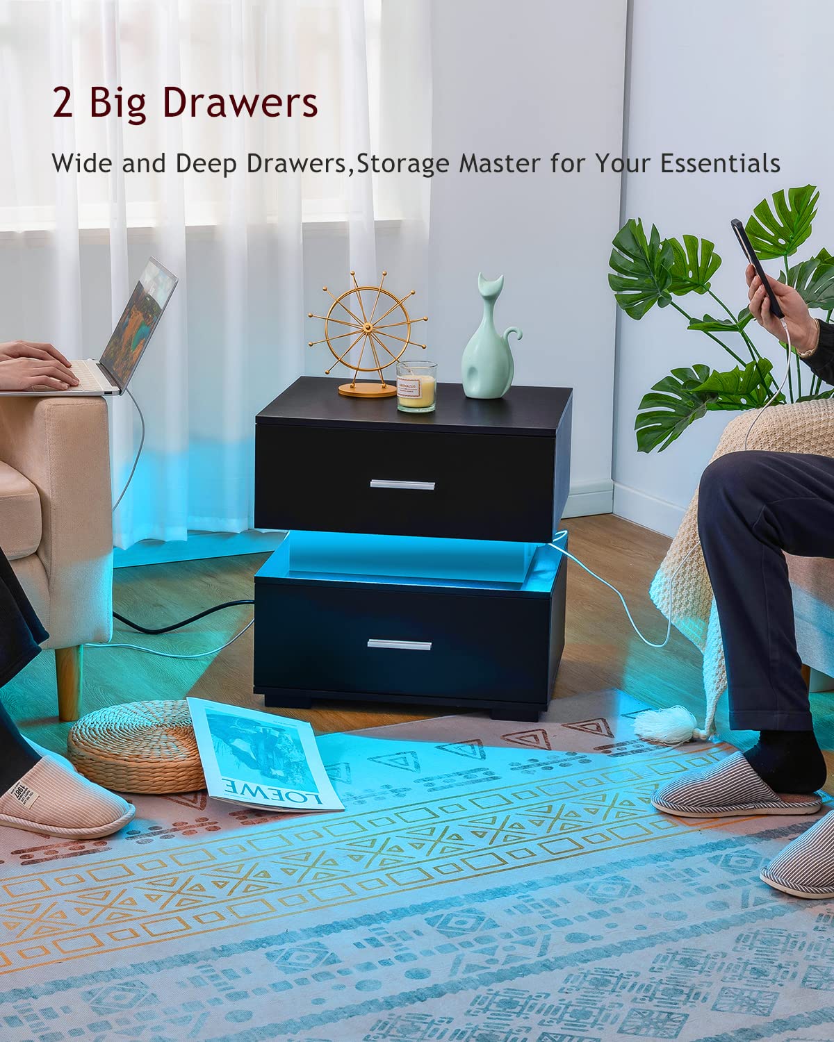 WEENFON Night Stands, LED nightstand with Charging Station, Bedside Table with 2 Wider and Deeper Drawers, Nightstand, Modern Design, End Side Table, Black