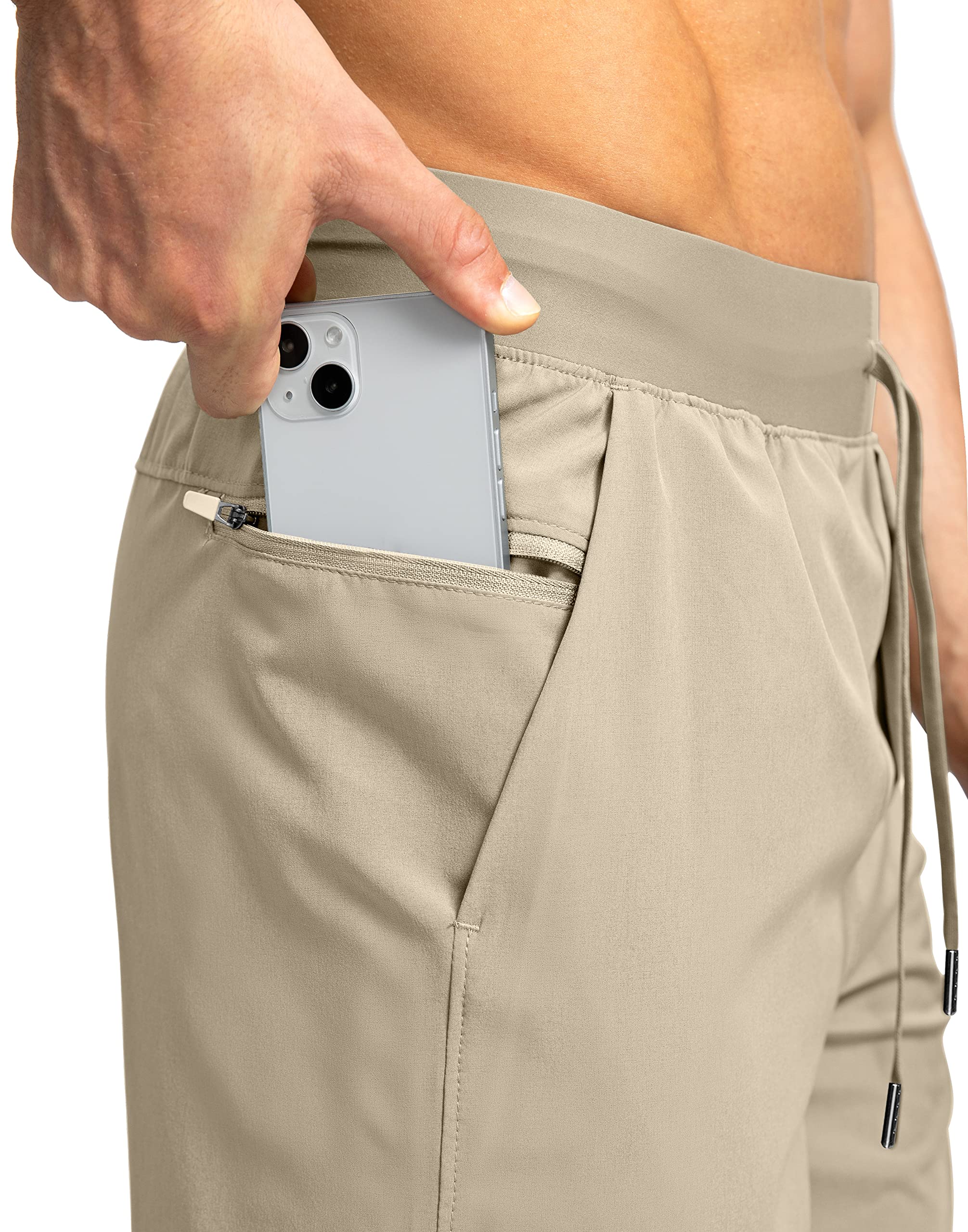 Men's Running Shorts with Zipper Pockets 7 Inch Lightweight Quick Dry Gym Athletic Workout Shorts for Men (Khaki, L)